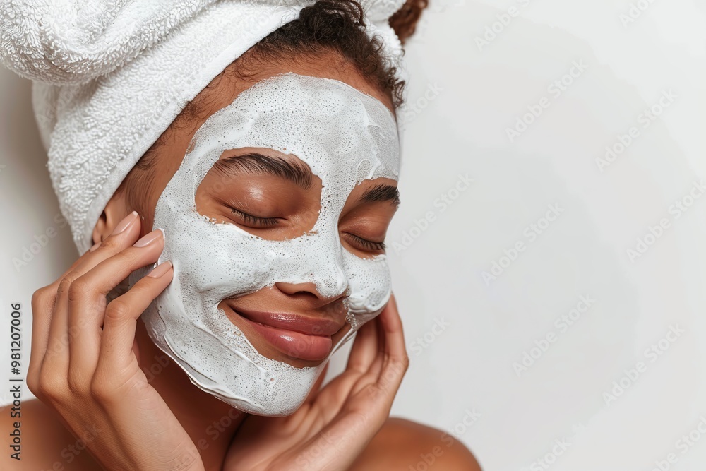 Young woman applying cream facial mask to her face gently. White bath ...