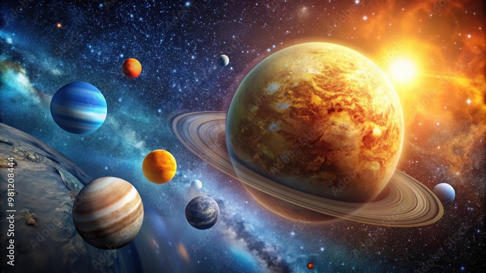 Solar system with planets, moons, asteroids, and comets orbiting the ...