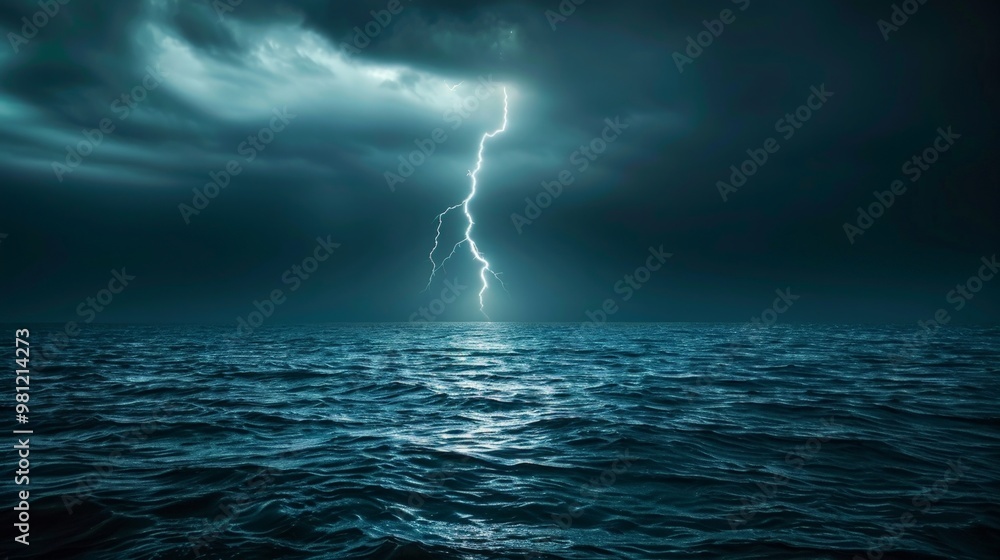 Single lightning strike touching the ocean surface, with ripples of ...