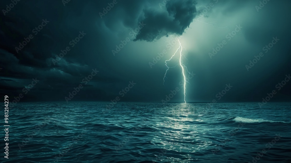 Single lightning strike touching the ocean surface, with ripples of ...