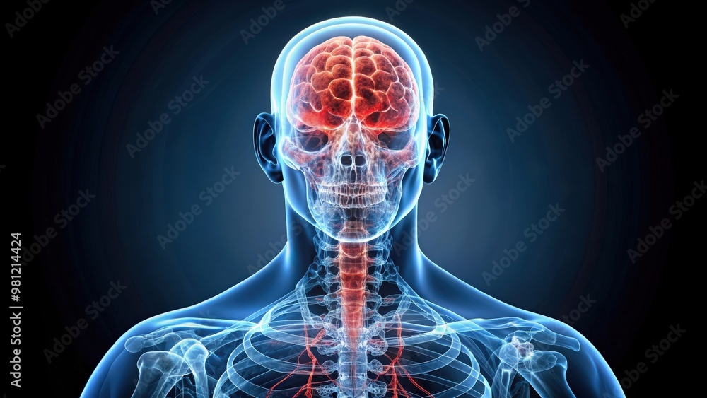 of human entrails and brain under X-rays, render , anatomy, medical ...