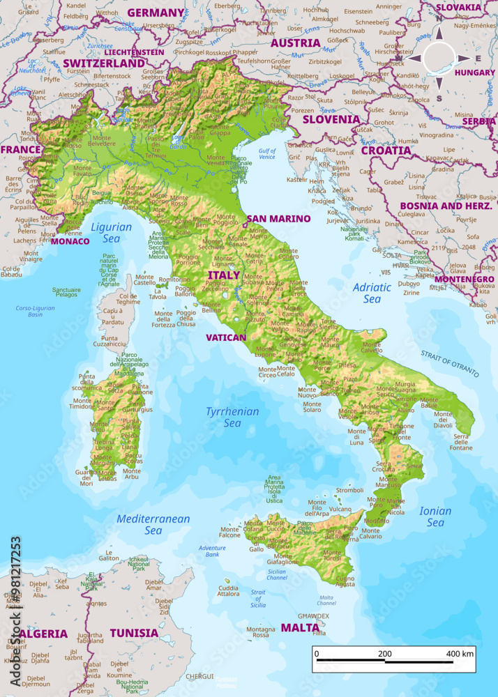 Italy physical map with national borders, rivers and lakes, mountains ...