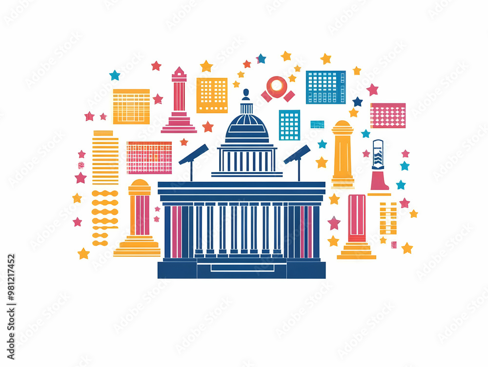 Flat Debate Stage Frame with Floating Policy Word Clouds | Wide Shot ...