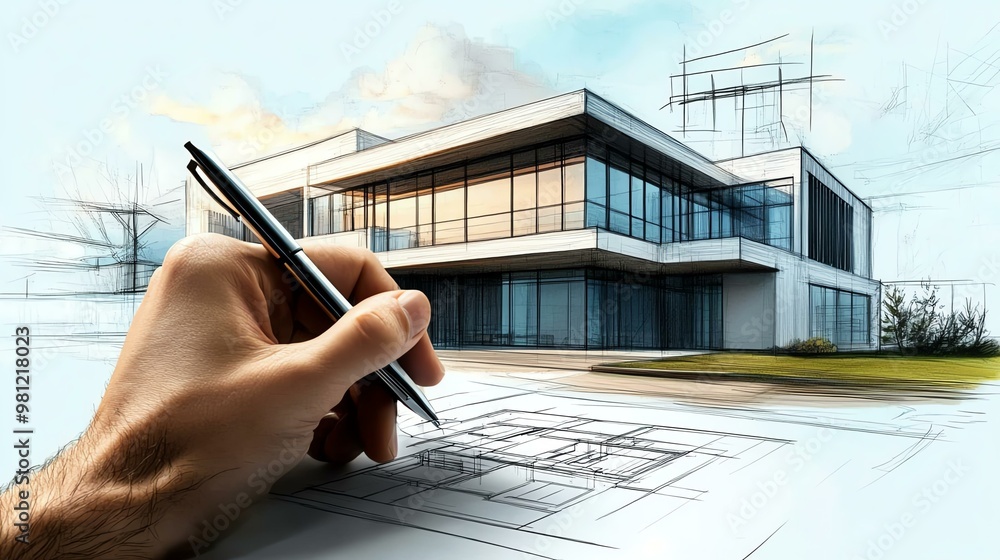 Artistic rendering of a modern building design with hand sketching ...