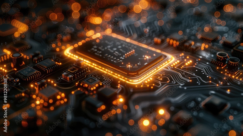 Abstract picture of chip on complex circuit with digital technology ...