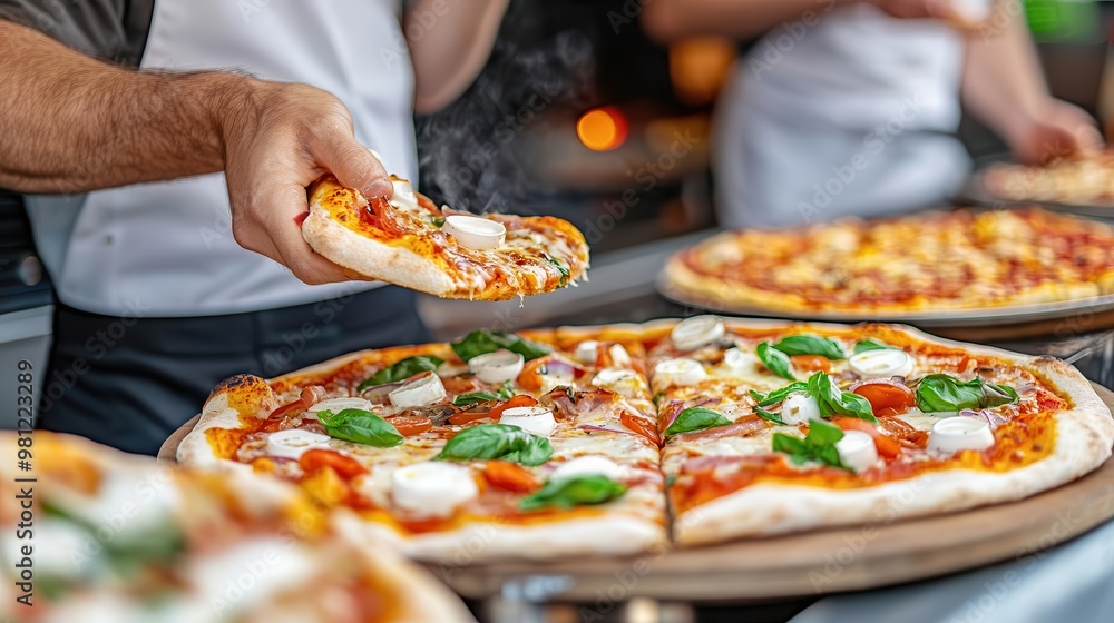 Artisan pizza stall in a food market, wood-fired oven and fresh ...