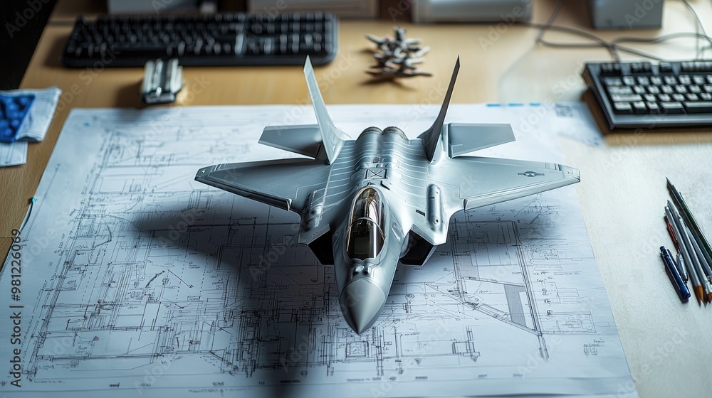 f35 lightning on blueprint paper sitting on an engineers desk in a ...