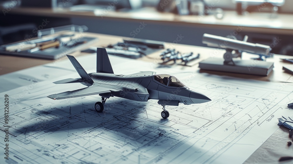 f35 lightning on blueprint paper sitting on an engineers desk in a ...