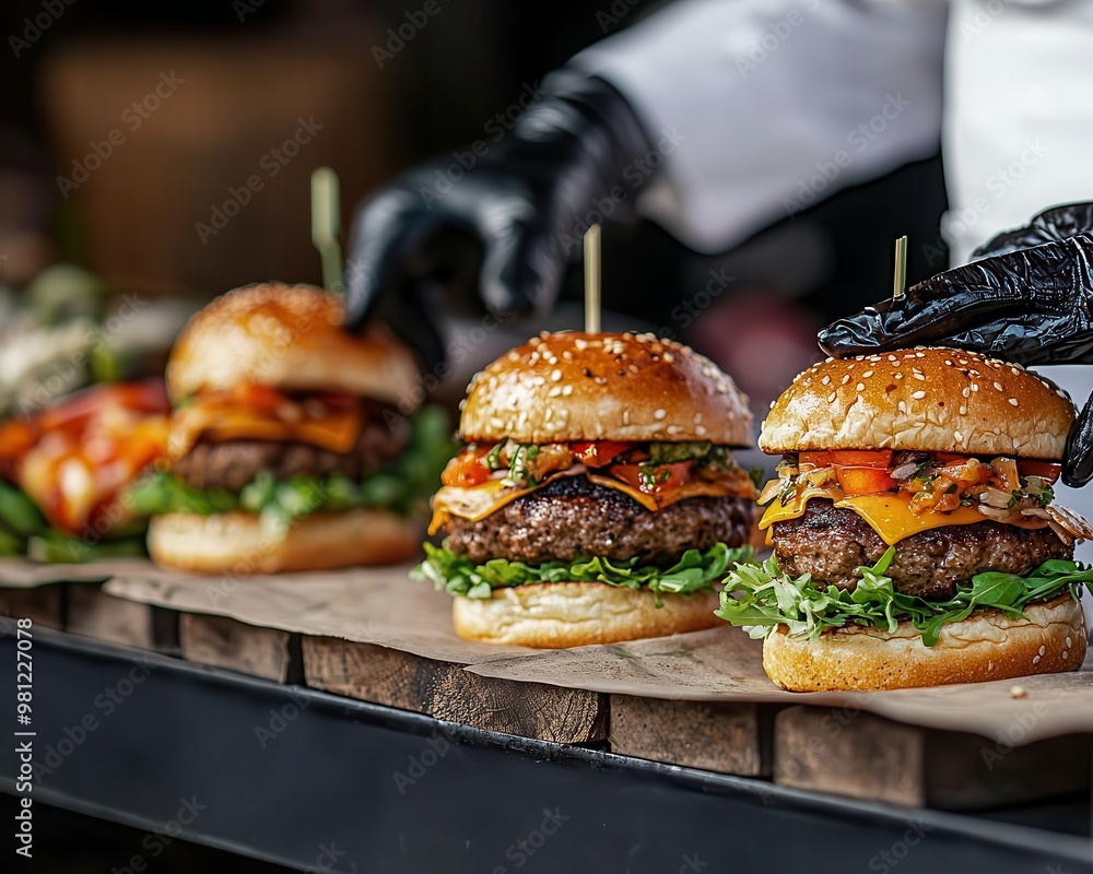 Gourmet burger stand in a lively food market, stacked with toppings ...