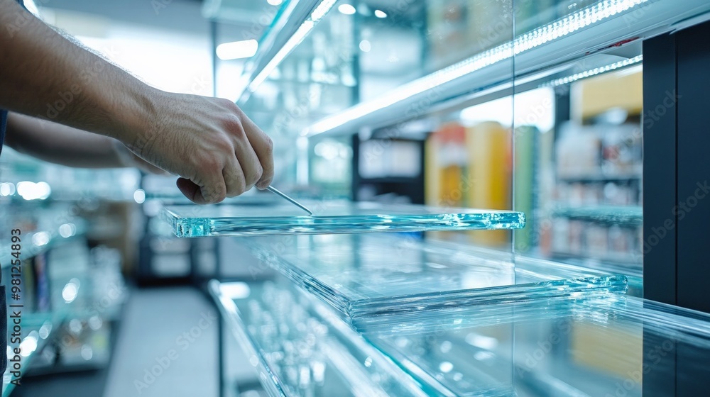 Installing custom glass shelving in a retail store, glassworker ...