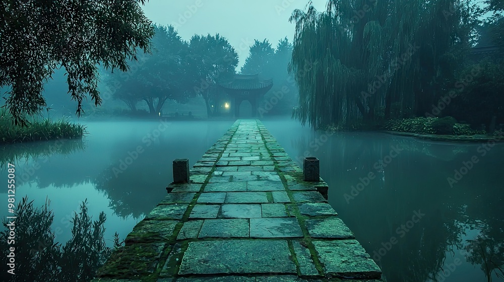 green, there is a straight stone pave way on water, leading to a ...