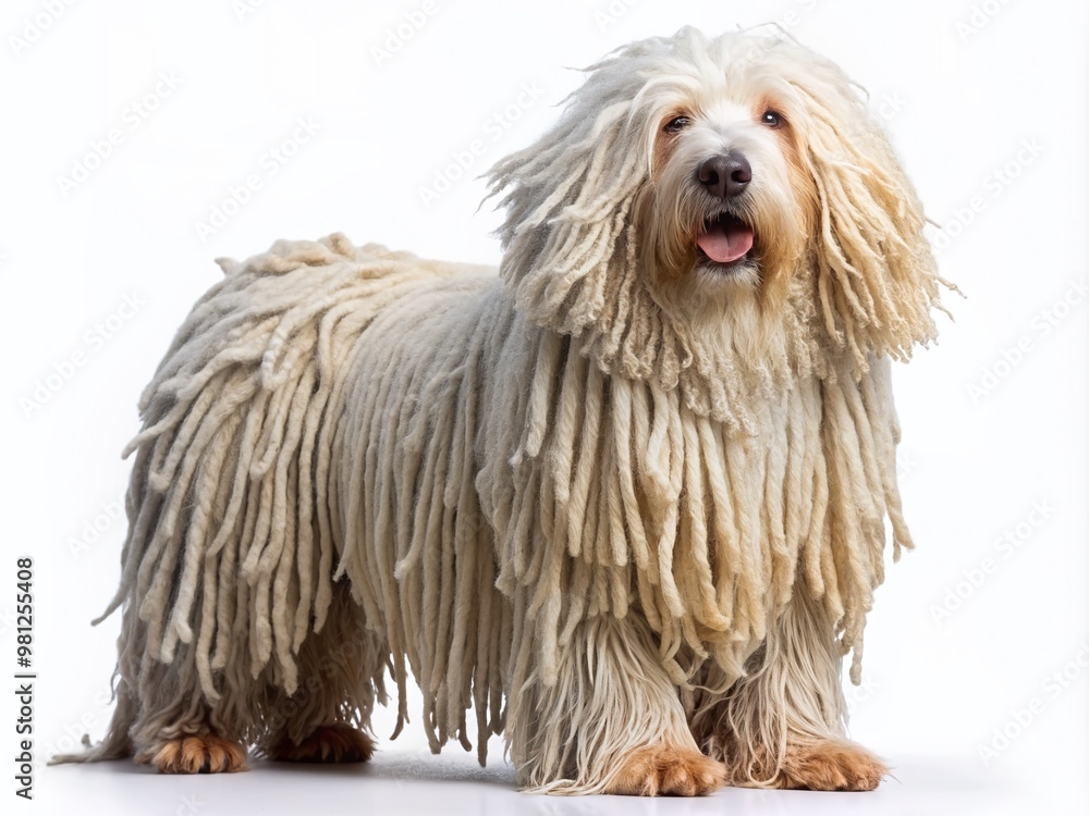 A majestic Komondor dog stands proudly on a pure white background ...