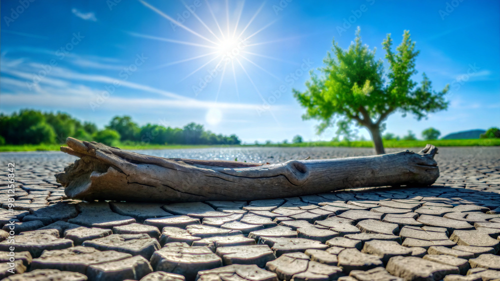 Sunlit log lying on dry soil with subtle heat shimmer, minimal ...