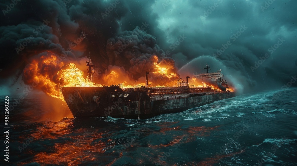 Cargo ship burning on fire with large scale smoke. Aerial Aerial, red Sea, Cargo tanker ship ...