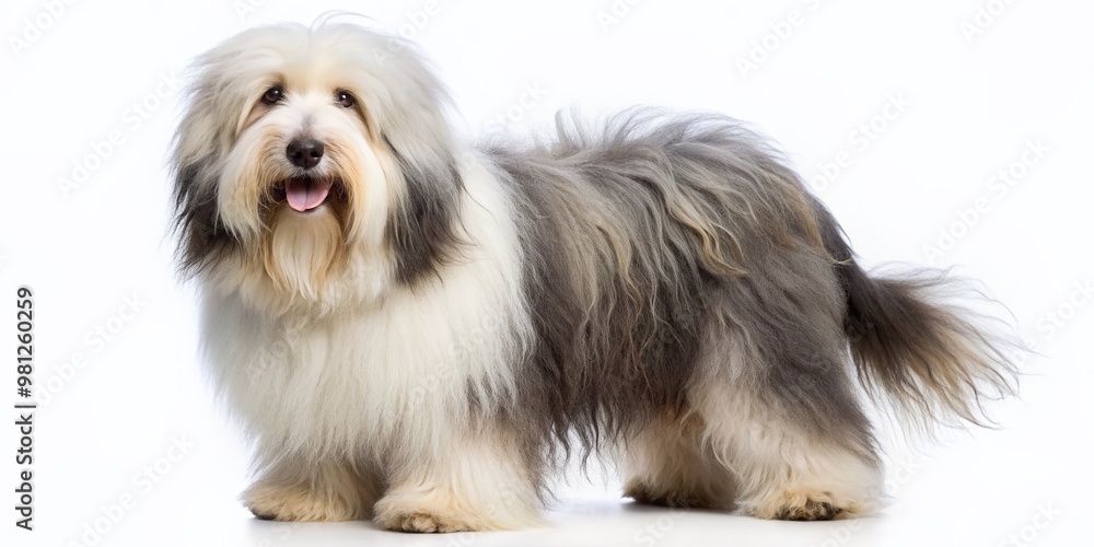 Fluffy old English sheepdog with shaggy gray and white coat stands ...