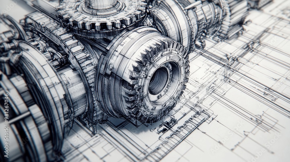 Intricate Mechanical Blueprint: Gears, Cogs, and Engineering Schematics ...