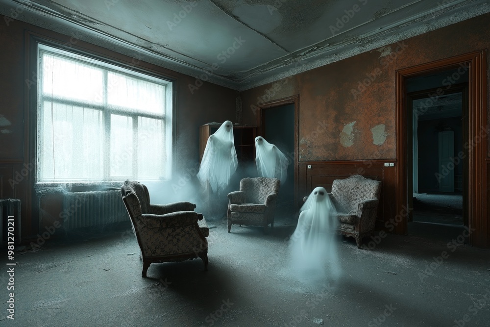 Eerie scene featuring four cartoonish ghosts in a dimly lit, abandoned ...