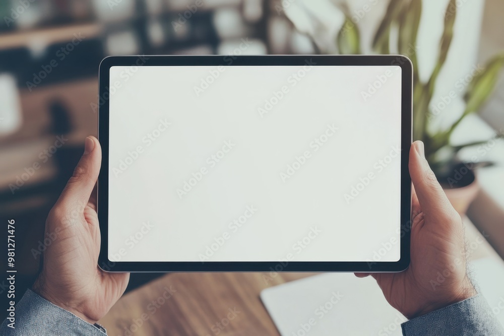 A close-up of hands holding a tablet with a white screen, showing the ...