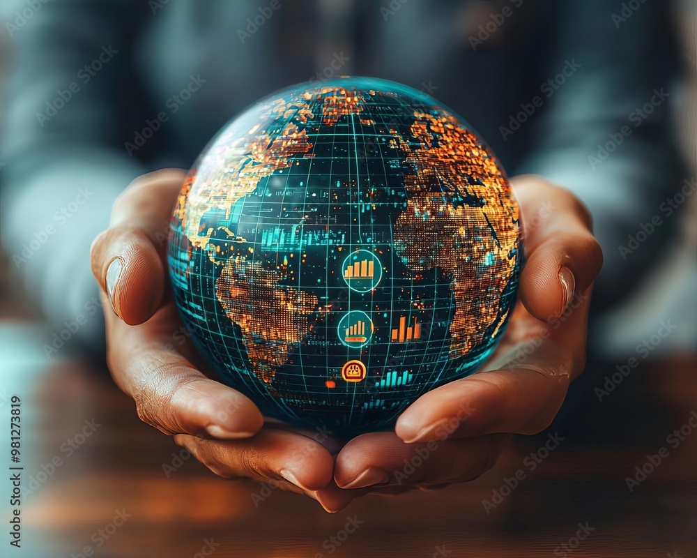 Hands holding a globe with inflation graphs on one side and shrinking ...