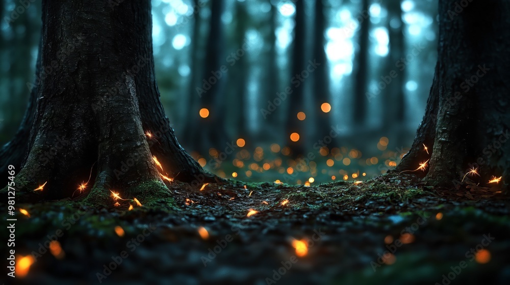 Mystical forest scene with glowing fireflies hovering around tree ...