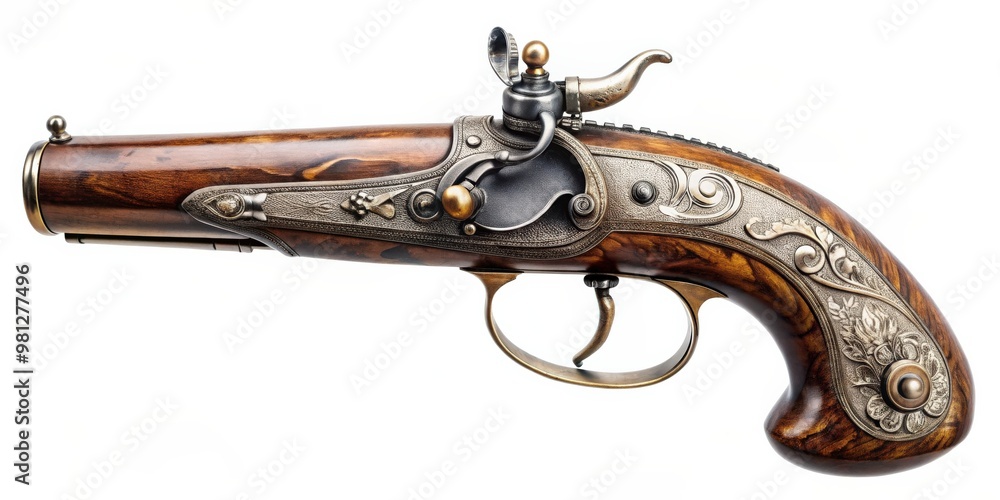 Antique pistol with ornate engravings and wooden handle, antique ...