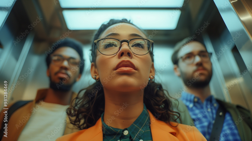 Diverse workmates team in an elevator lift commuting into the office ...