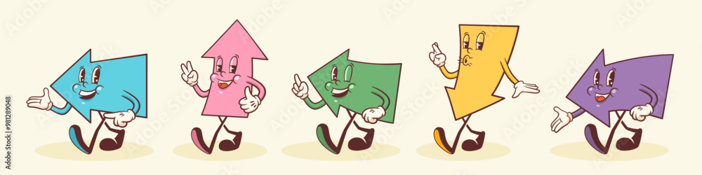 Cute Vector Geometric Arrows Characters Illustrations Set. Groovy ...