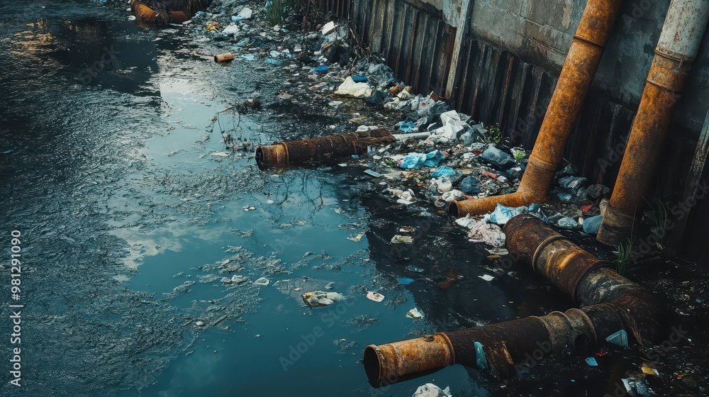An industrial riverfront covered in garbage, rusted pipes leaking into ...