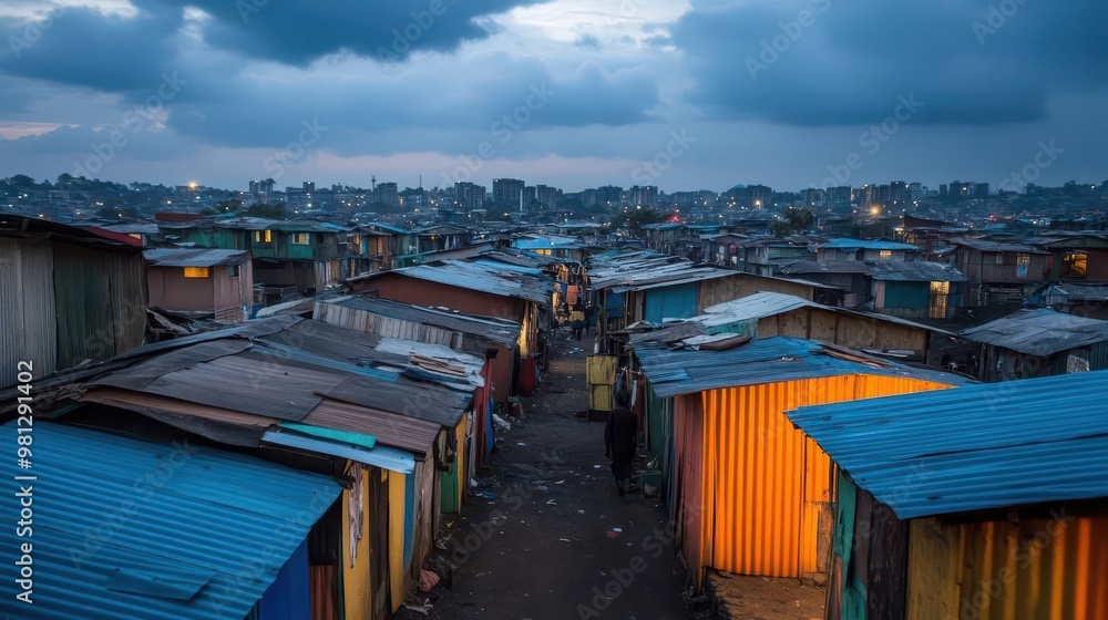 A crowded slum with makeshift homes built from scrap materials, under ...
