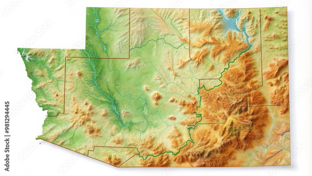map of Arizona state with detailed topography and landmarks, Arizona ...