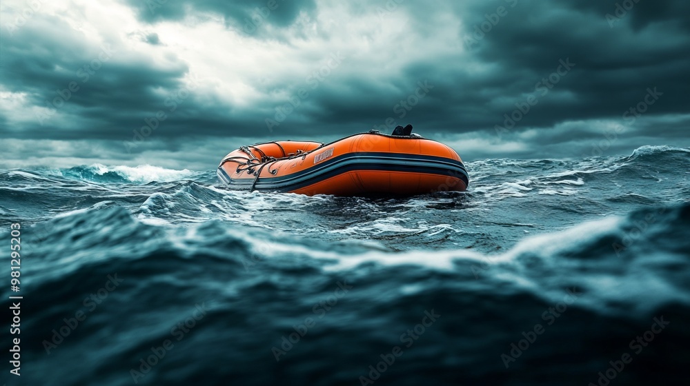 Lifeboat Floating in Stormy Seas with Dark Clouds in Cinematic Style ...