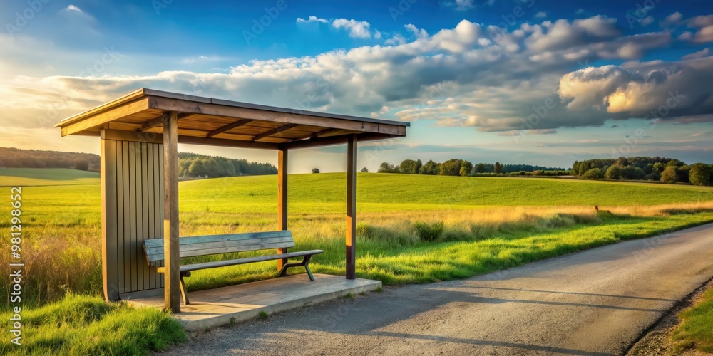 Rural bus stop in the countryside with wooden bench and shelter ...