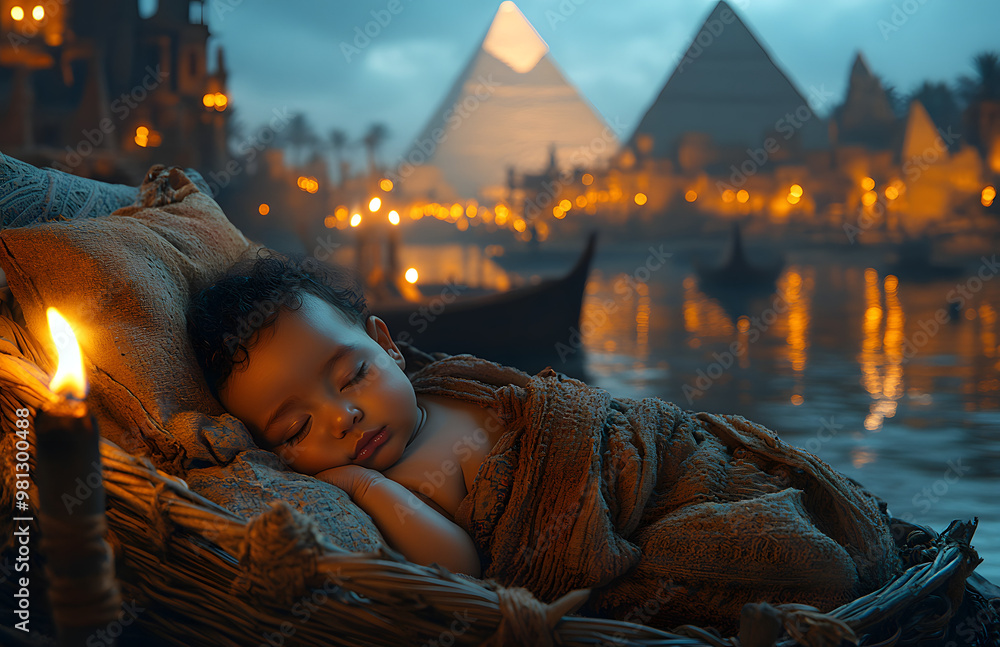 “A Newborn Baby Sleeping in an Ancient Egyptian Basket, Representing a ...