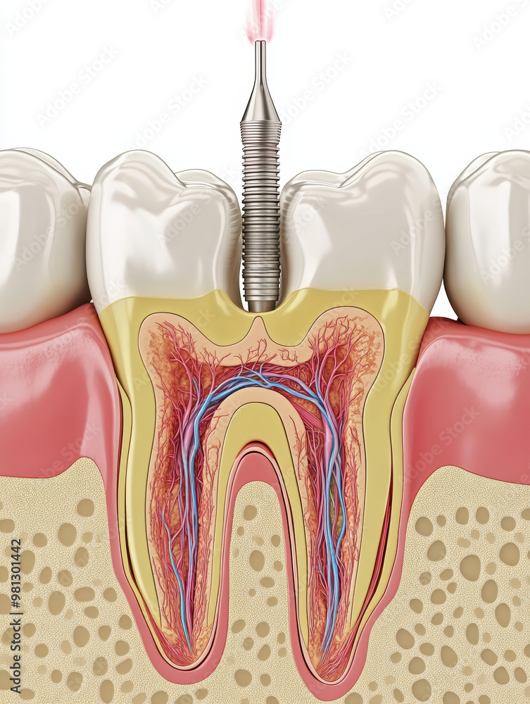 The root canal file goes deep into the root canal and is removing the ...