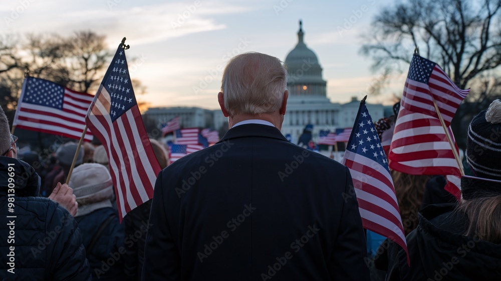 Patriotic Gathering: A man stands with his back to the camera, looking ...