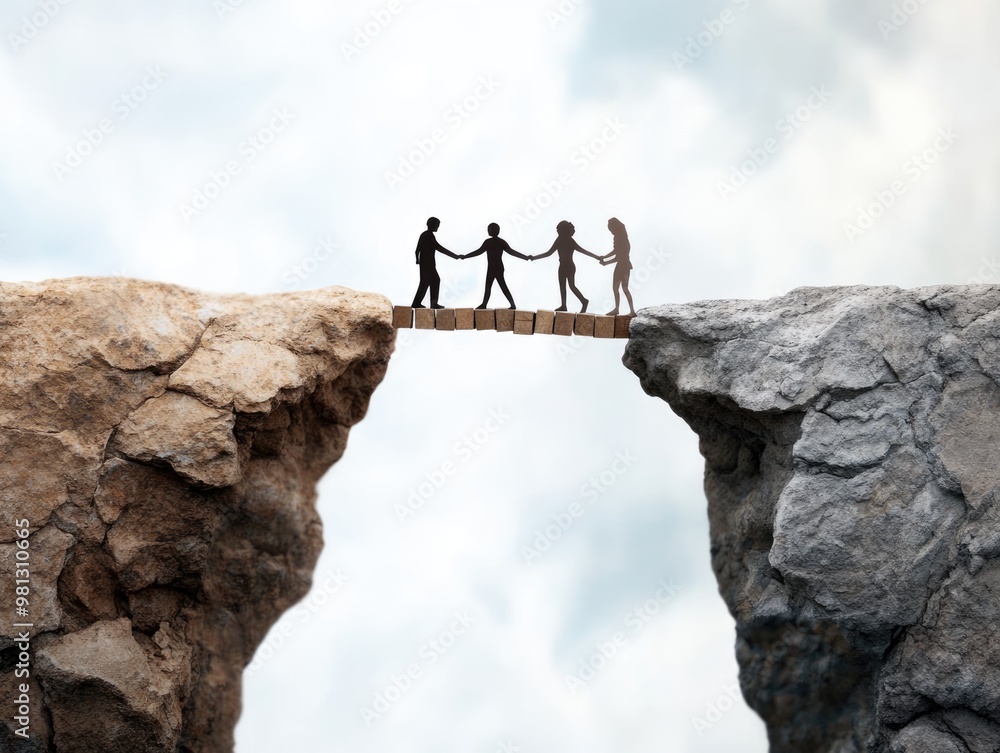 Four people hold hands while crossing a narrow bridge between two ...