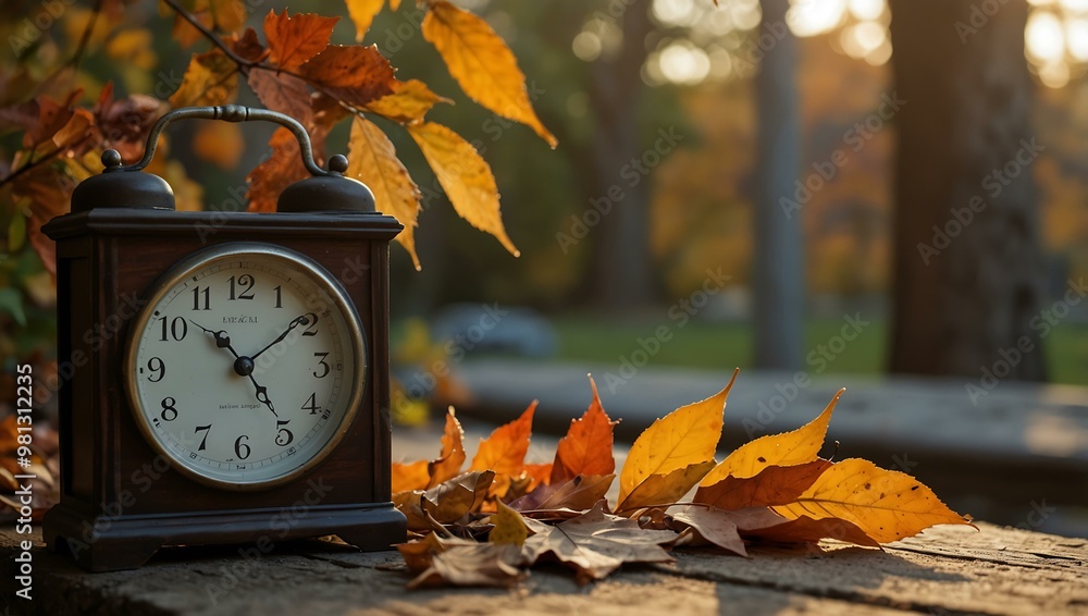 Cozy autumn morning with a clock falling back one hour, warm light, and ...