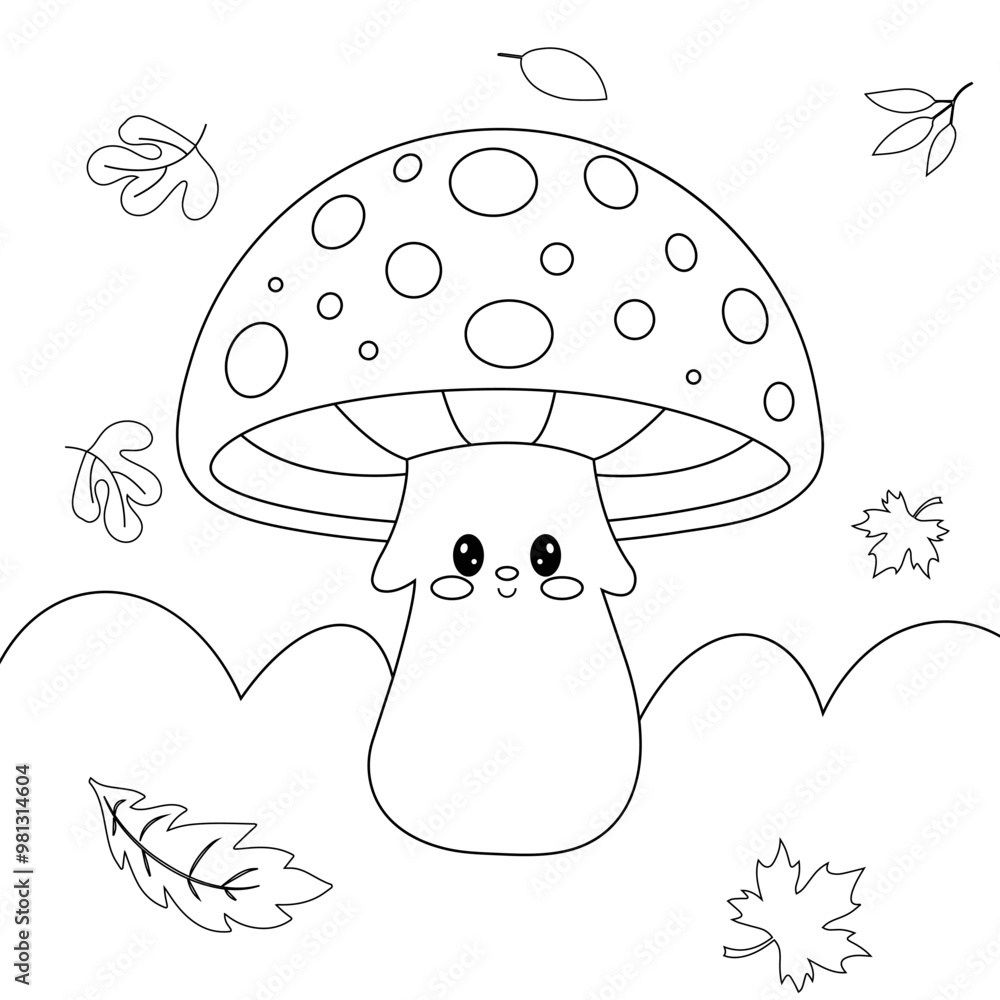 Funny friendly mushroom among the autumn leaves. Vector cartoon ...
