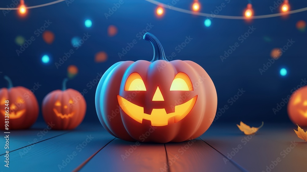 Halloween A pumpkin with a smiley face is surrounded by other pumpkins ...