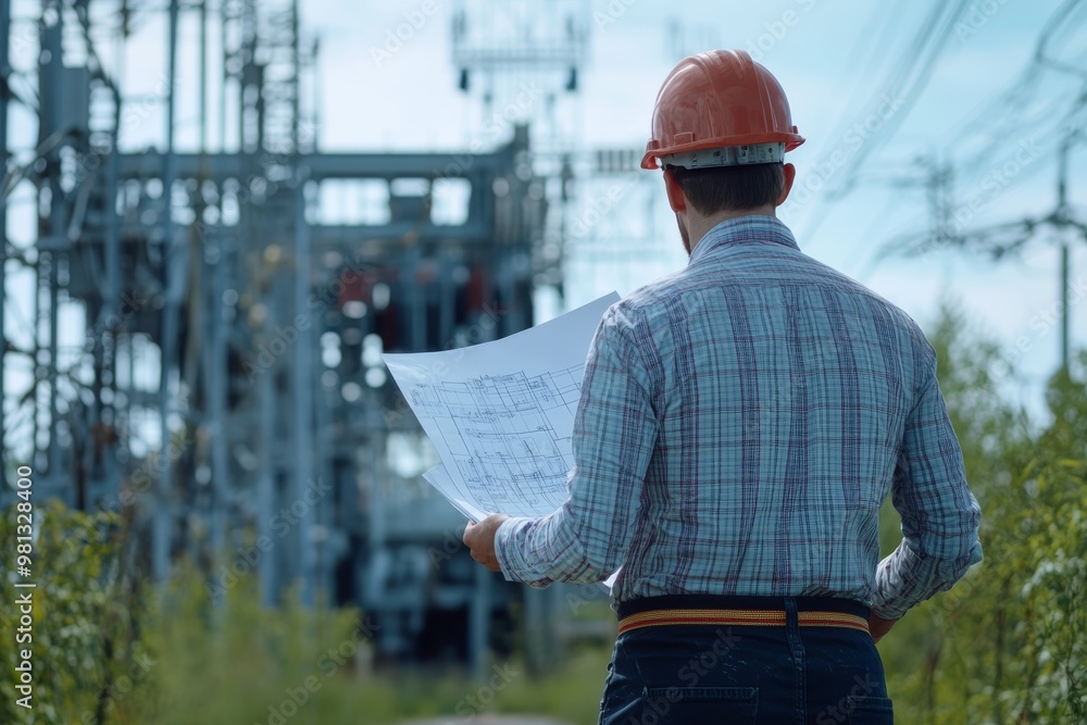 An electrical engineer examines blueprints for a power plant ...