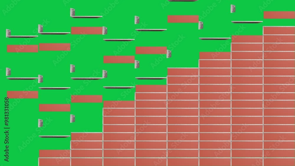 3D Bricks wall building animation on green screen chroma key background ...