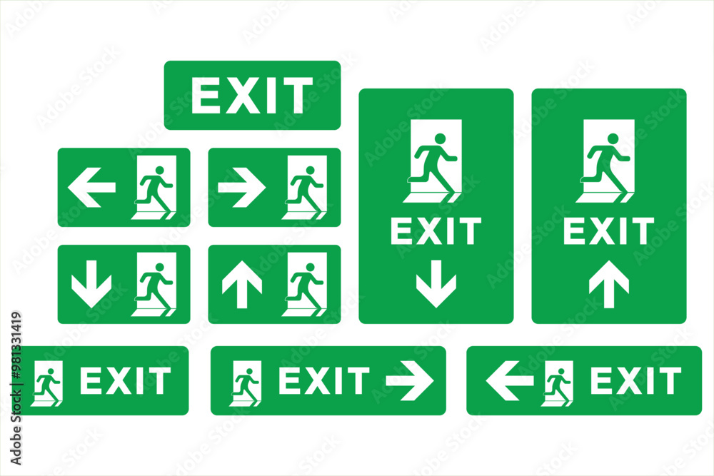 Green Exit Sign Collection with Walking Man Icon. Flat Style Vector ...