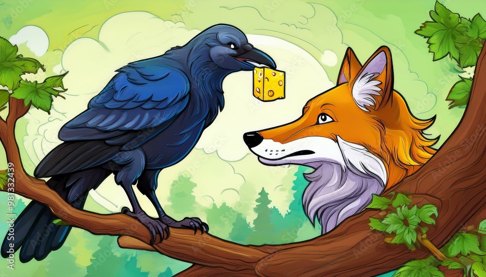 Le corbeau et le renard, fable de Jean de Lafontaine Stock Illustration ...