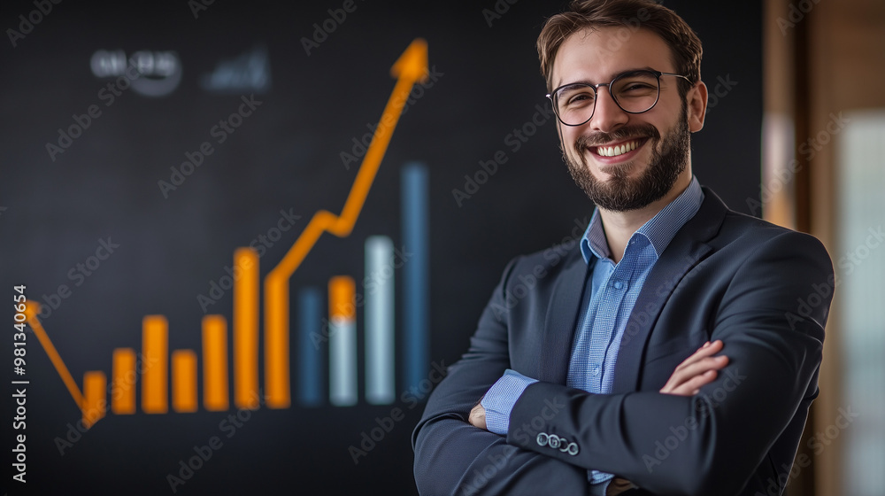businessman smiling and standing with crossed arms in front of a wall ...