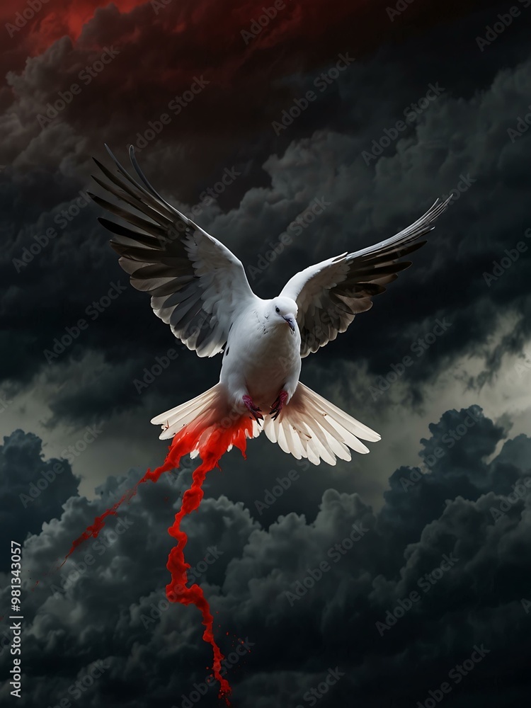 Dove carrying a broken missile through a stormy sky in red and black ...