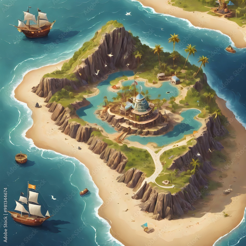 A vector map of a treasure island with dotted lines leading to the X ...