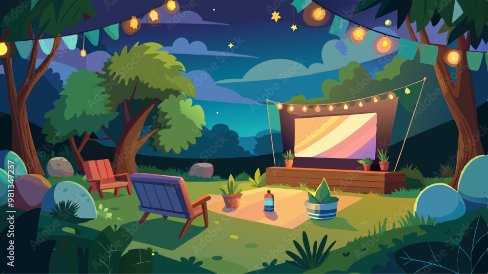 Open air backyard outdoor cinema screen at night cartoon illustration ...