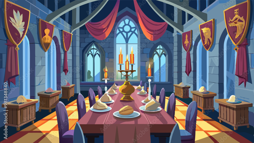 Medieval castle room interior with dinner on table background. Fantasy ...