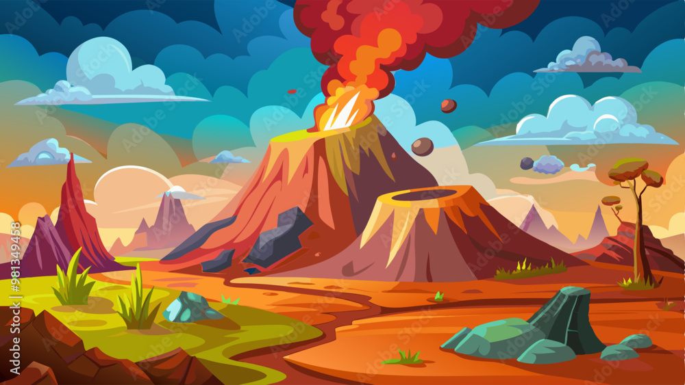 Volcano lava eruption cartoon vector background. Volcanic mountain ...