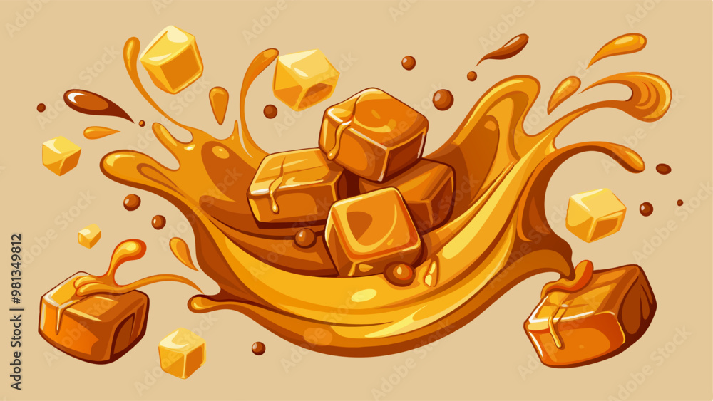 Toffee candies and liquid caramel splashes and flows. Vector cartoon ...